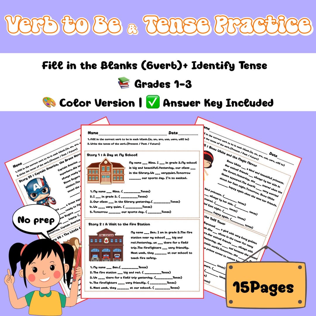 Verb Tense Grammar Worksheets: Grades 1-3, ESL (color PDF + Answer Key ...