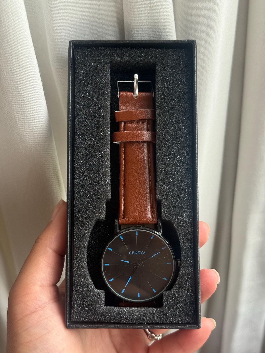 Geneva Men’s Black Dial Watch With Brown Leather Strap – Blue Markers ...