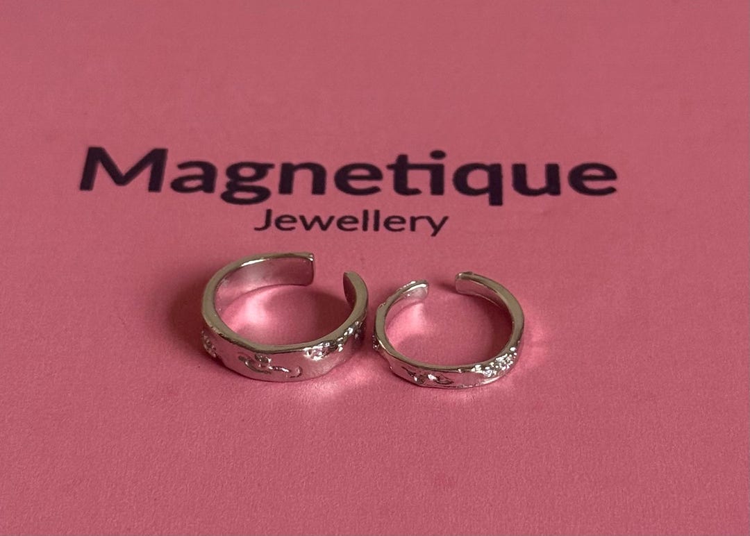 Set of 2 Silver-tone Engraved Open Rings | Adjustable Minimalist Band ...