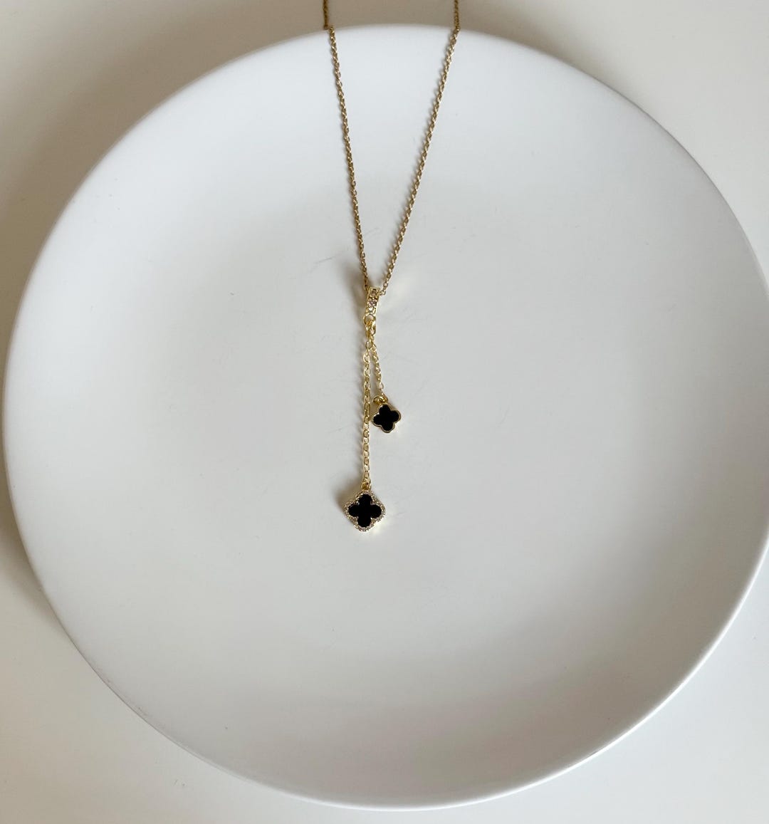 Gold Tone Stainless Steel Double Clover Necklace - Black Enamel Pendant ...