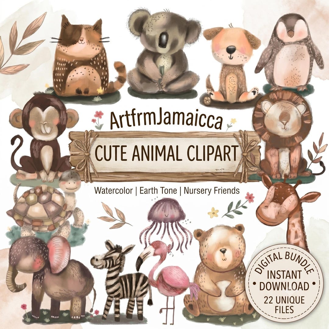 Safari Animal Clipart Bundle, Watercolor Nursery Graphics, Earth Tone ...