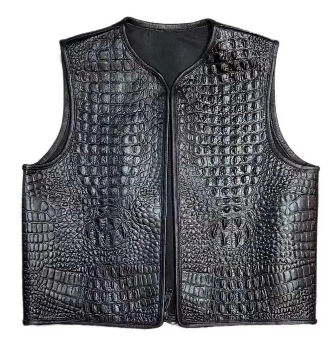Men's Black Crocodile Embossed Leather Biker Vest Concealed Carry ...