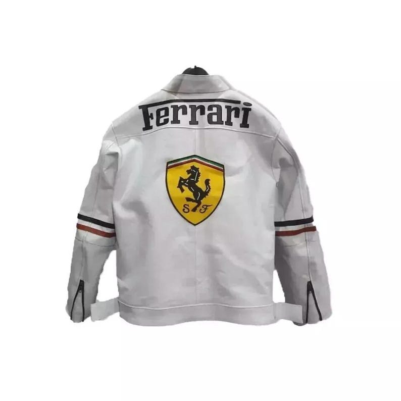 Men's White Ferrari Genuine Leather Motorbike Jacket, Formula F1 Racing ...
