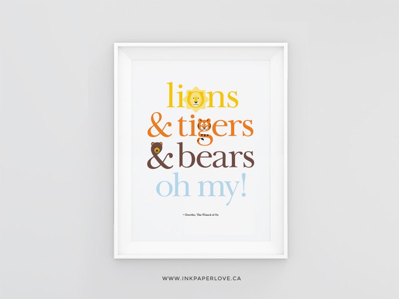 Lions and Tigers and Bears Oh My, Art Print, Wizard of Oz, Jungle ...