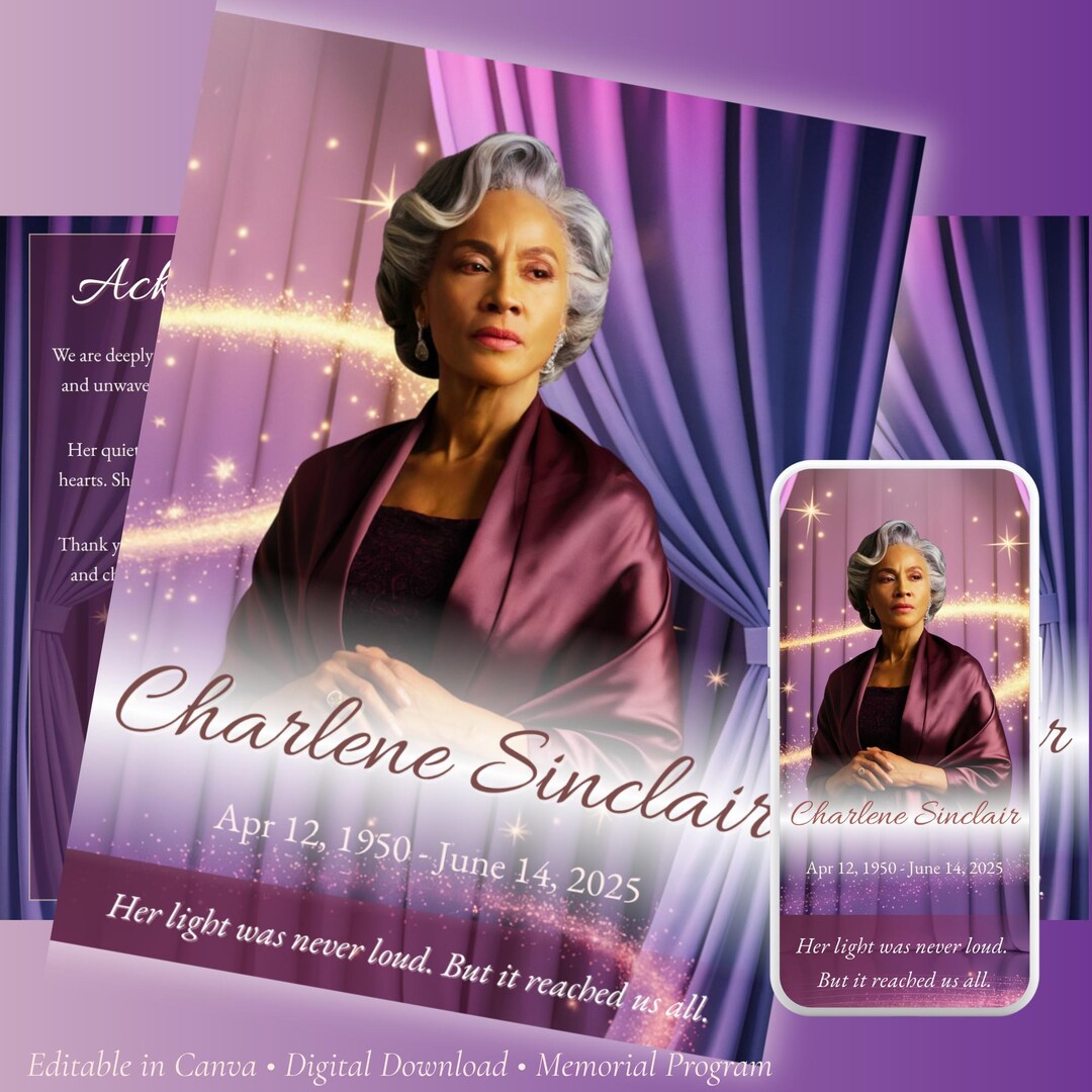 Glam Purple Funeral Program Template: Canva Booklet, Mobile Tribute ...