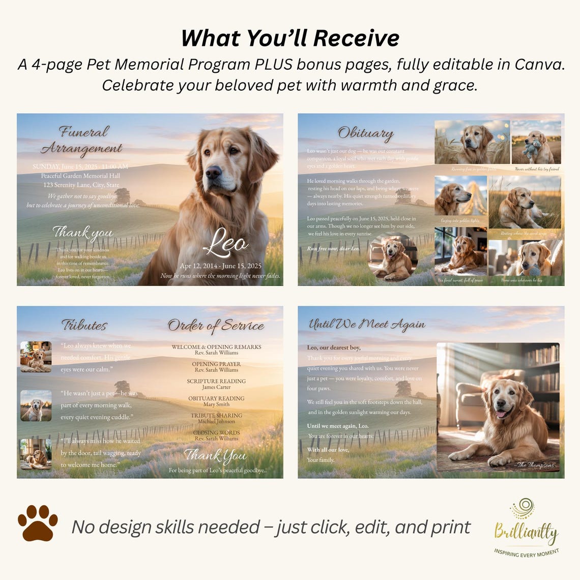 Dog Funeral Program Template – Editable Pet Memorial Booklet | Canva ...