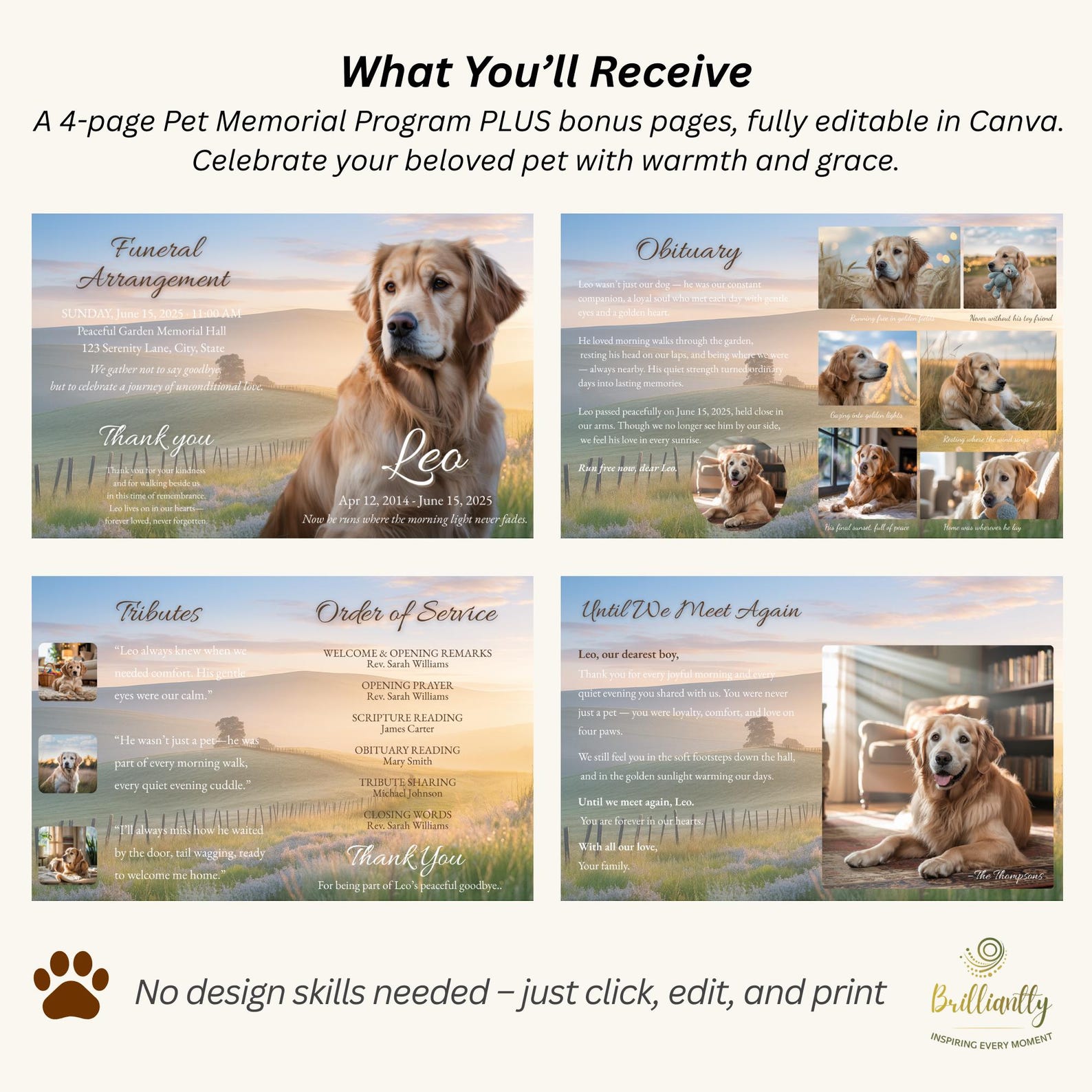 Dog Funeral Program Template – Editable Pet Memorial Booklet | Canva ...