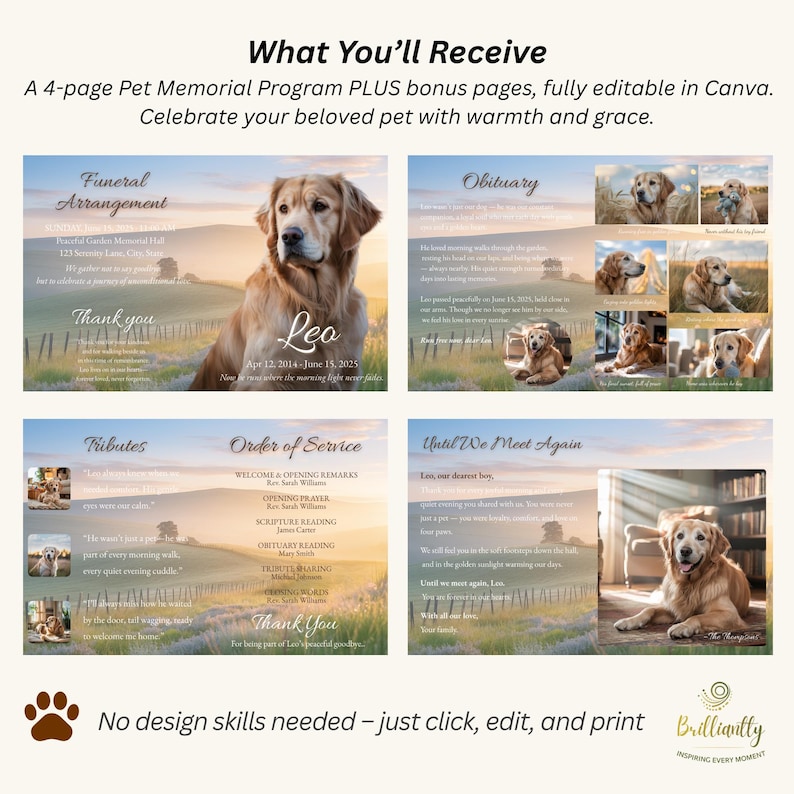 Dog Funeral Program Template – Editable Pet Memorial Booklet | Canva ...