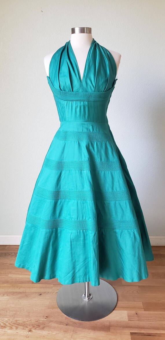 Classic 1950s Cotton Halter Dress with Trapunto Bands… - Gem