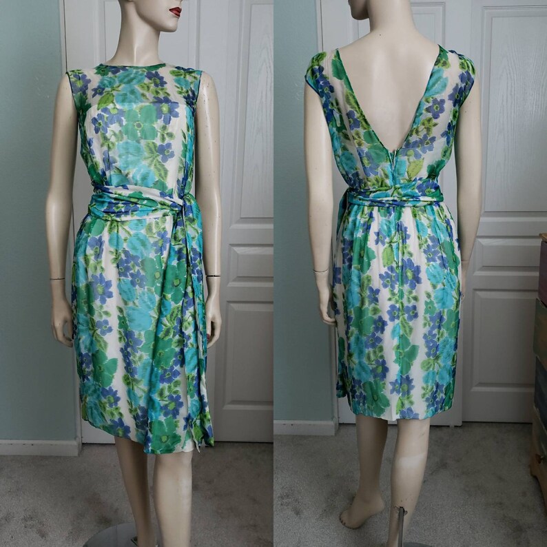 1960s Luis Estevez Silk Wiggle Dress With Tie Belt / 60s Hourglass Dress / Illusion Bodice ...