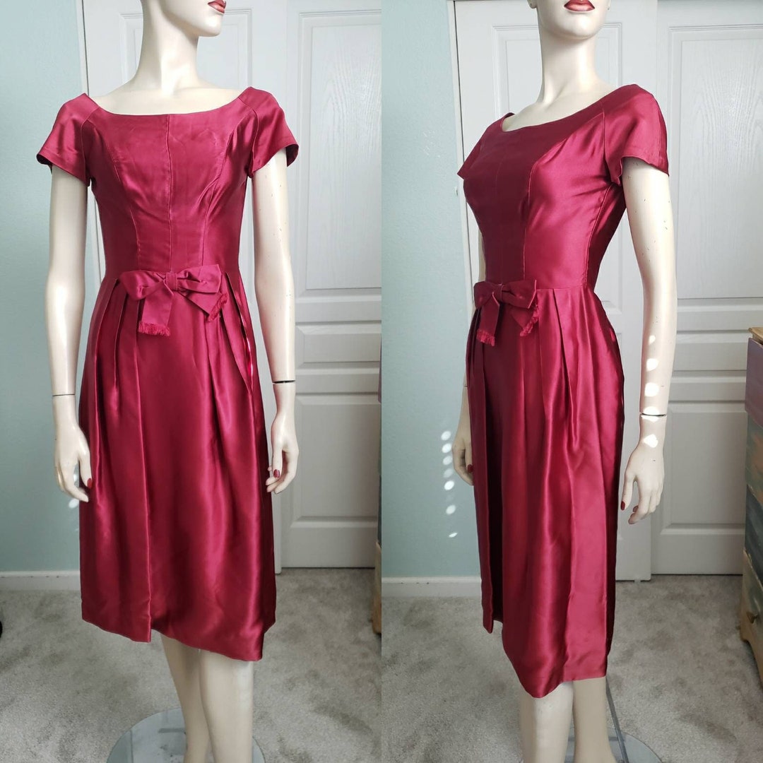 1950s-60s Red Satin Dinner Dress With Fringed Bow / 50s Red Dress / 50s ...