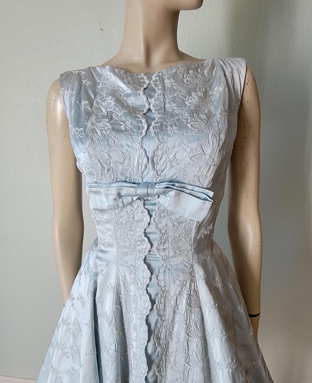 Ice Blue 1950s Suzy Perette Embroidered Satin Party Dress With Bow ...