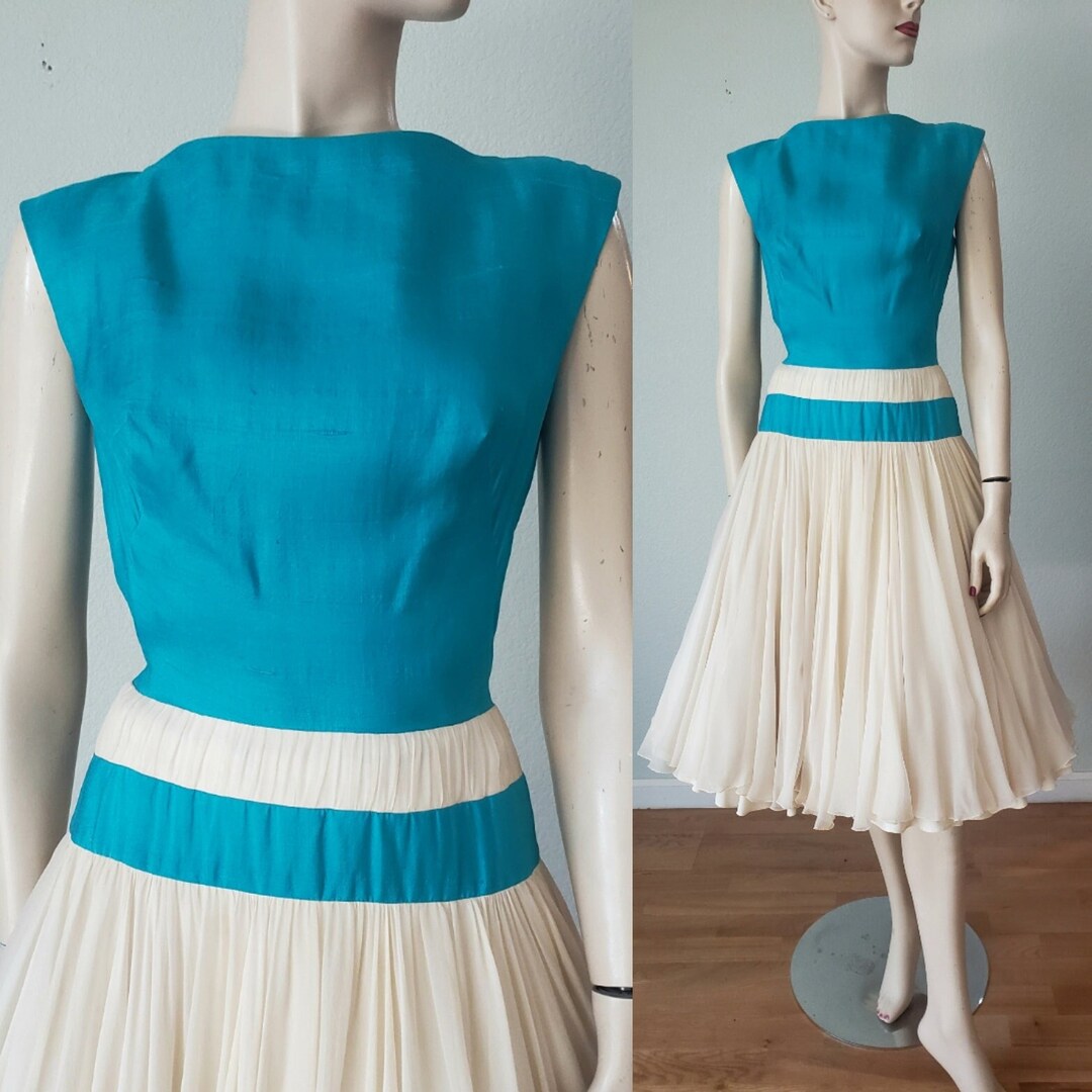 1950s Luis Estevez Silk Colorblock Cocktail Dress With Layered Skirt ...