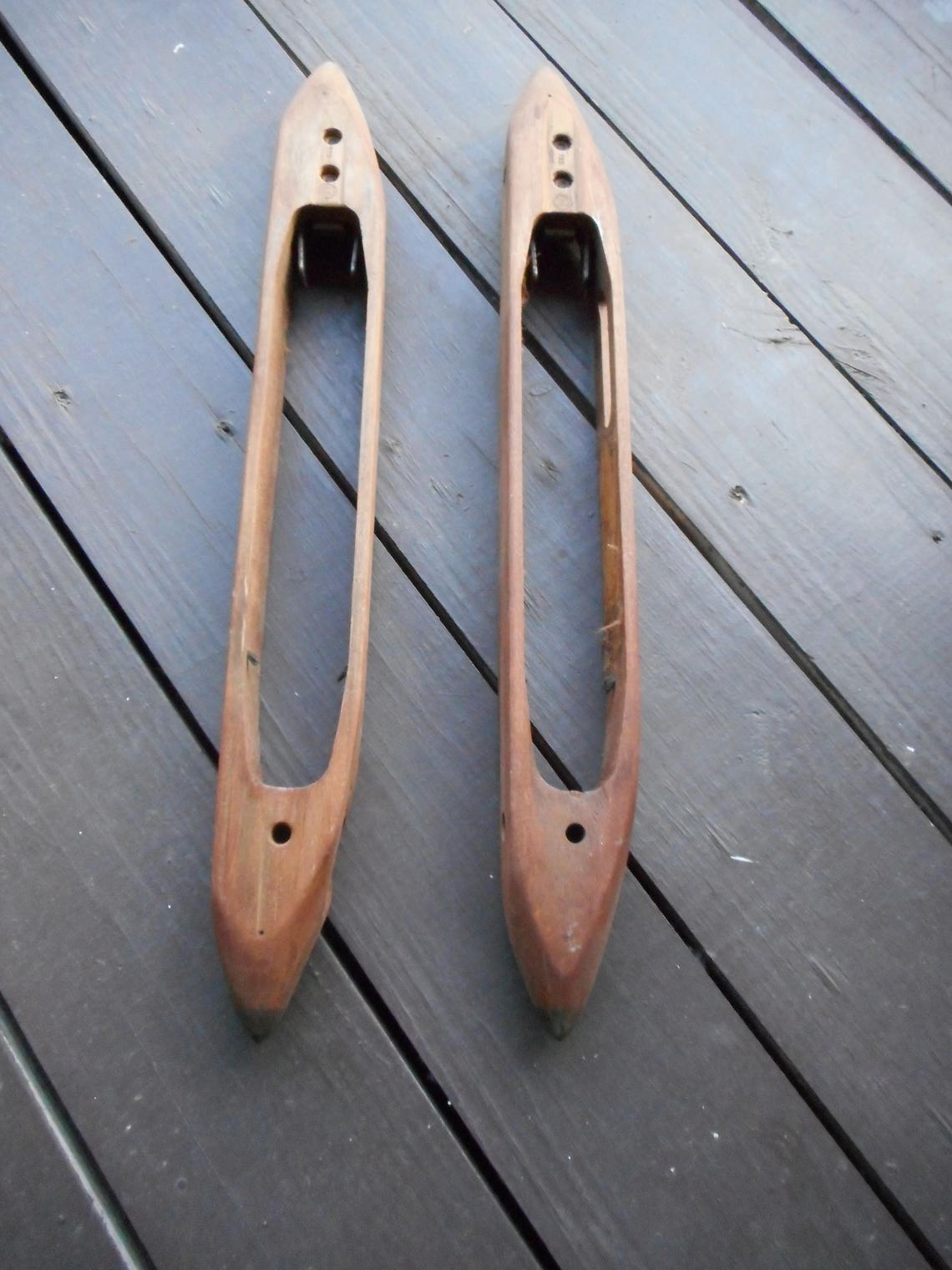 Antique Weaving Textile Shuttles / Bobbins Pair Primitive Wood & Metal ...