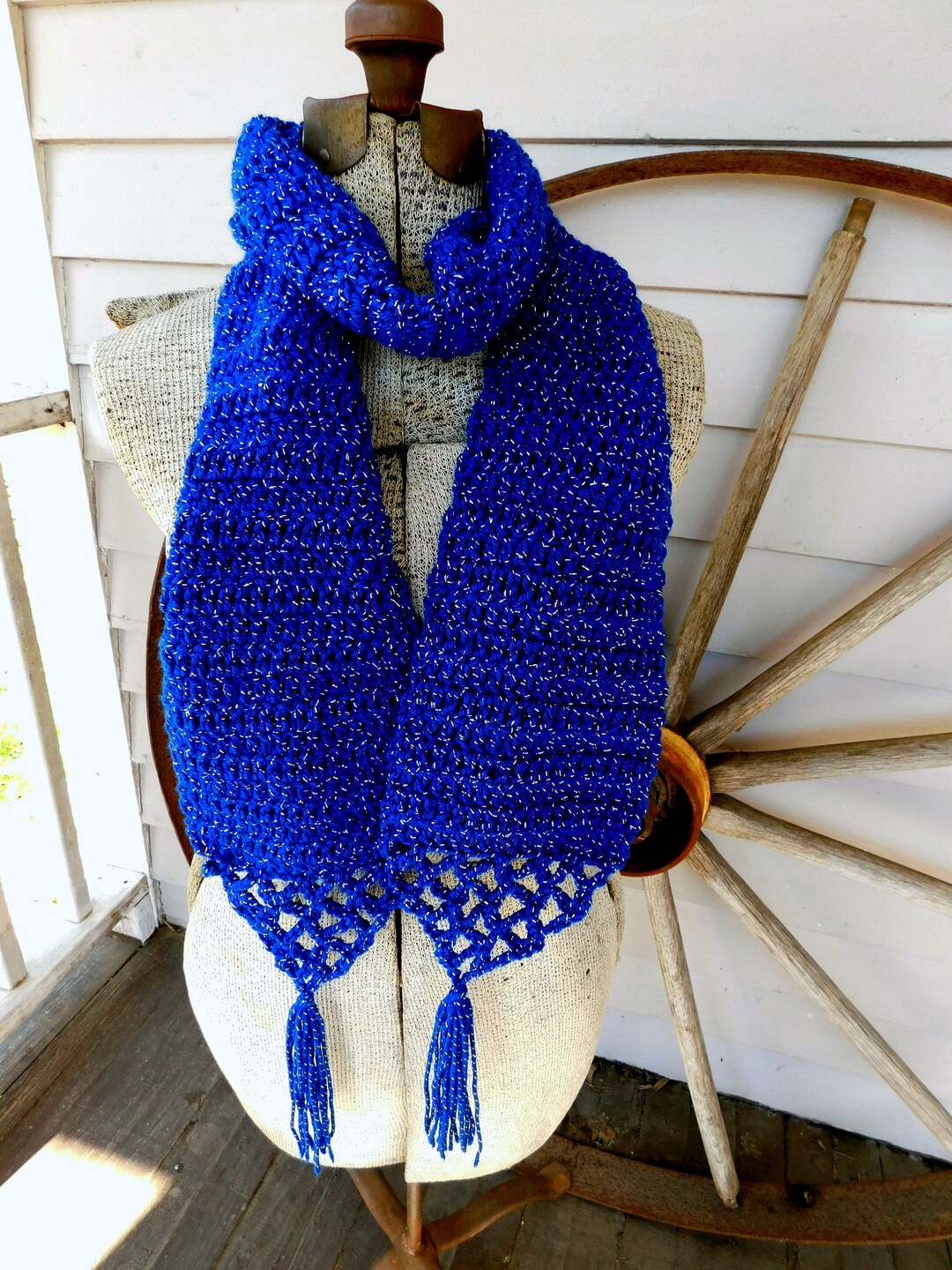 The Blue Cosmos Crocheted Scarf. Sparkle Cobalt Blue Lattice & Tassel ...