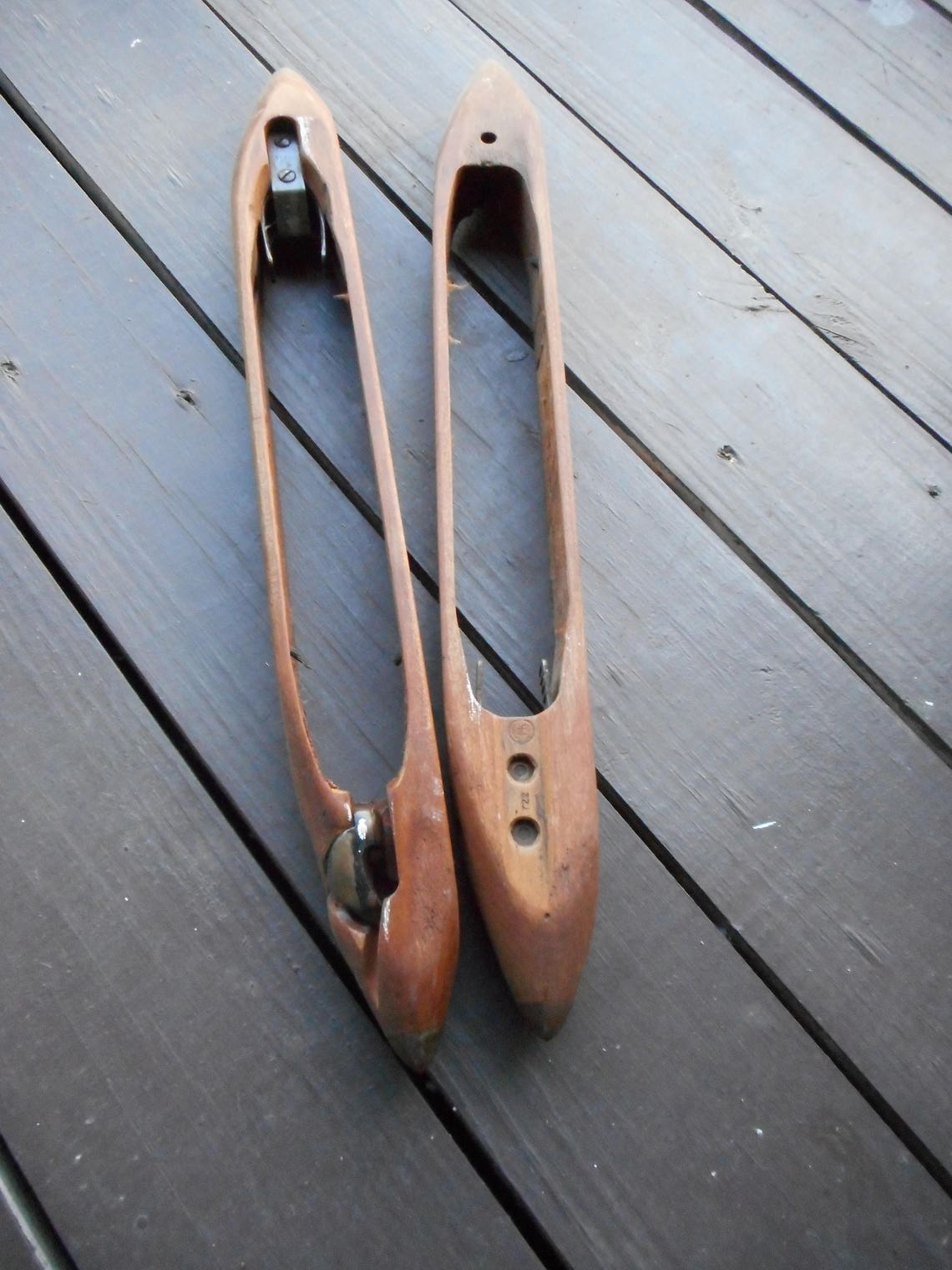 Antique Weaving Textile Shuttles / Bobbins Pair Primitive Wood & Metal ...