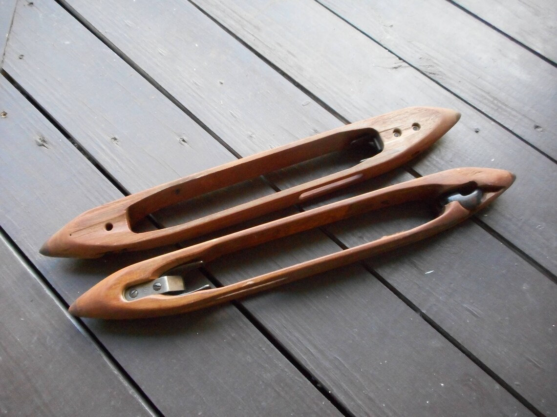 Antique Weaving Textile Shuttles / Bobbins Pair Primitive Wood & Metal ...