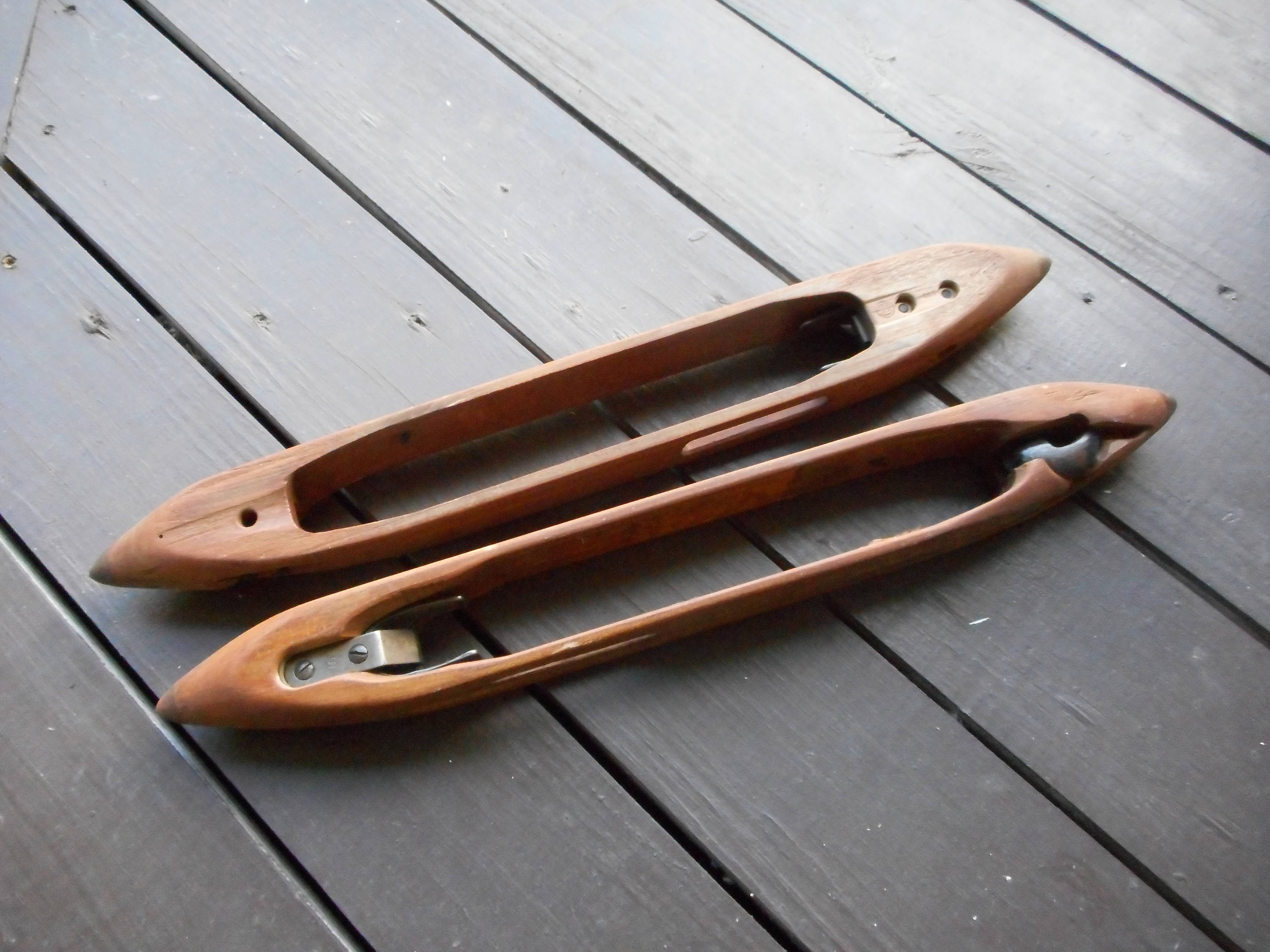 Antique Weaving Textile Shuttles / Bobbins Pair Primitive Wood & Metal ...