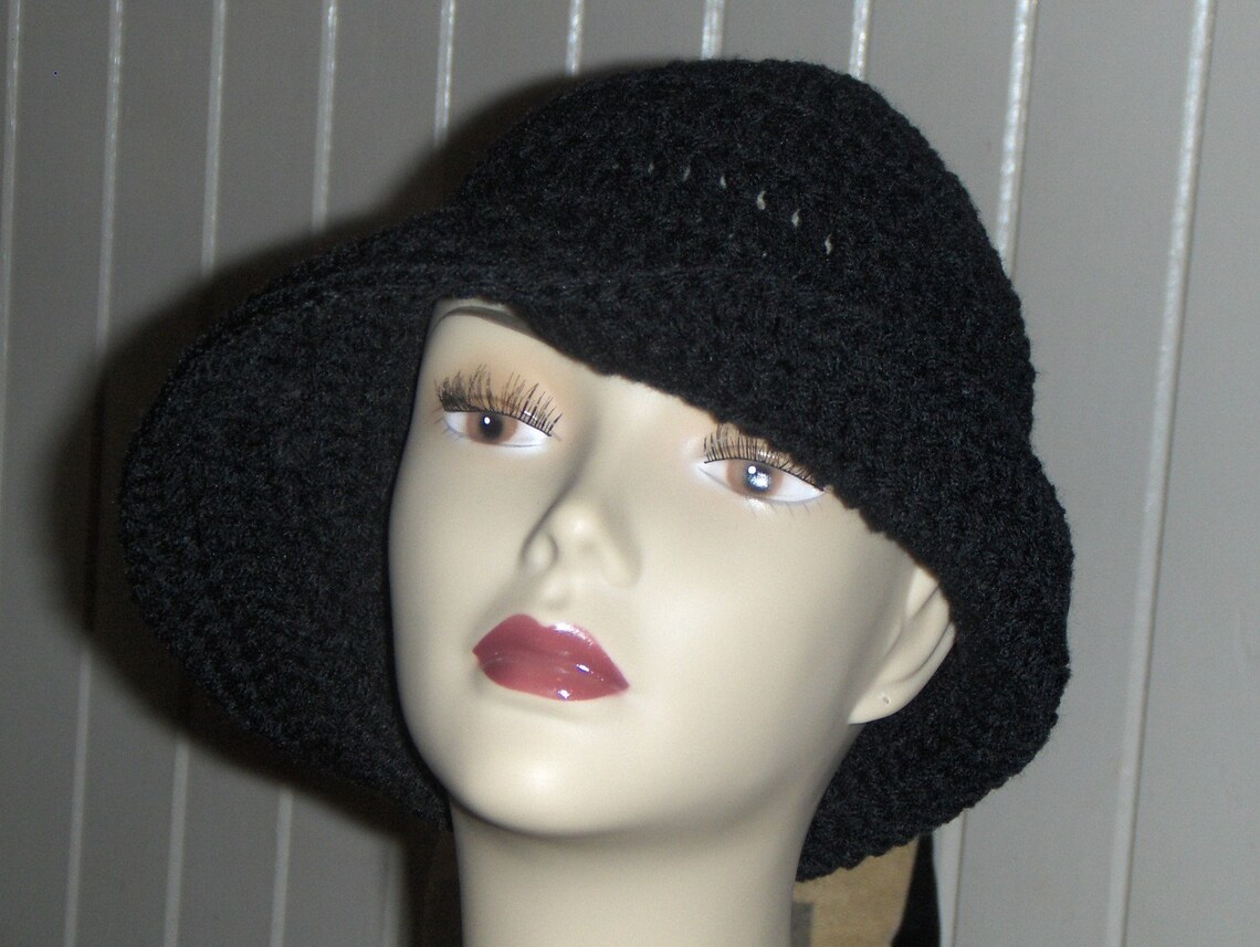 Raven Black Jaunty Crochet Hat. Formal Victorian Handmade Hand | Etsy