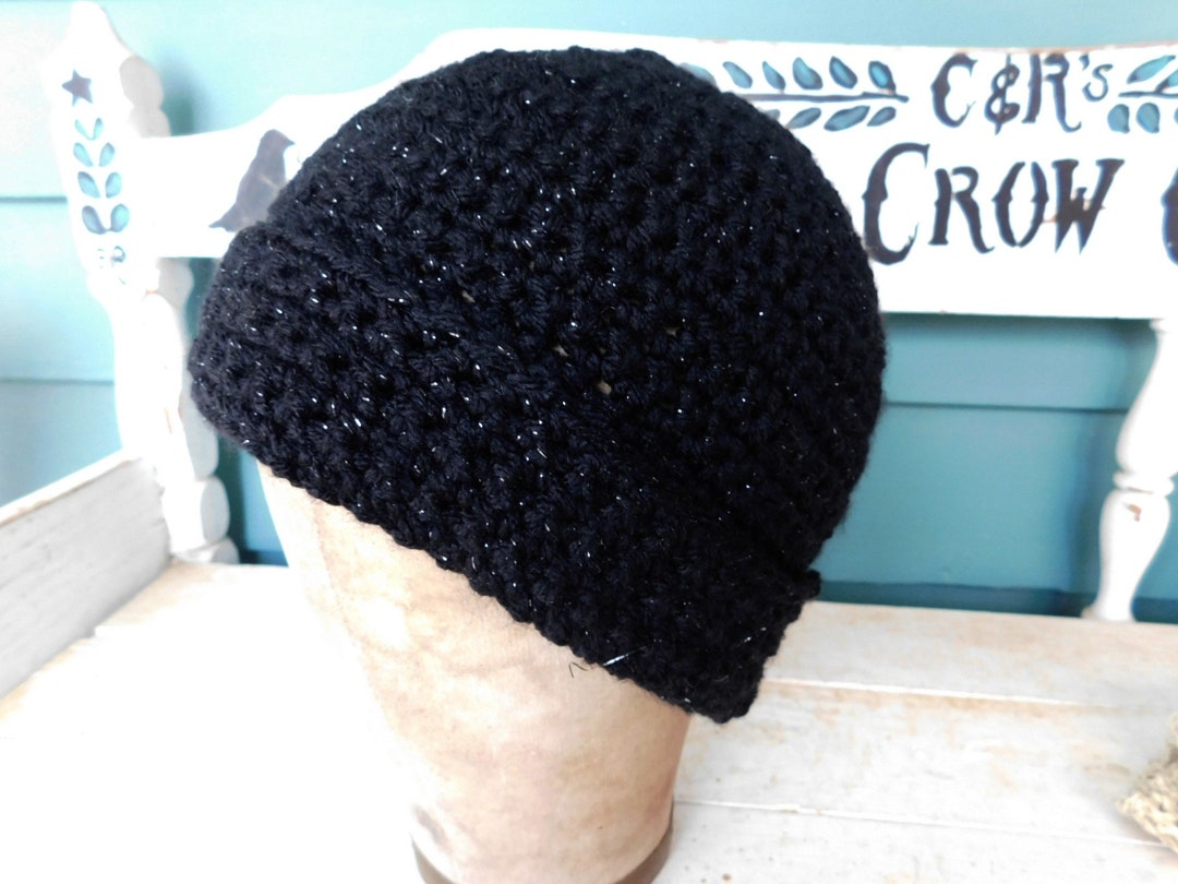 The Supernova Poor Boy Hat. Black Sparkly Handmade Crochet Boho Cap # ...