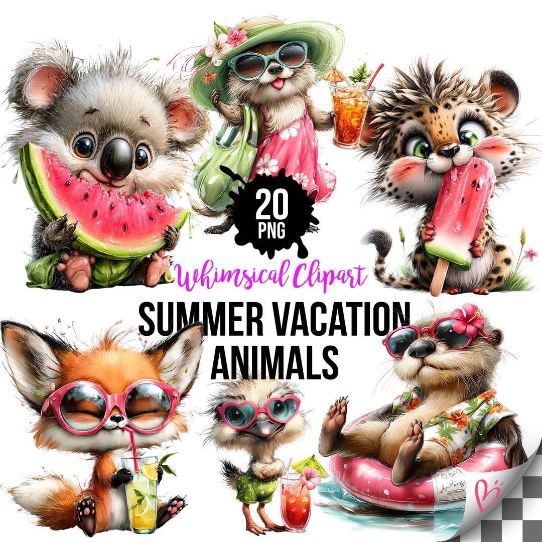 Summer Vacation Animals Clipart PNG Bundle, Cute Beach Animal Clip Art ...