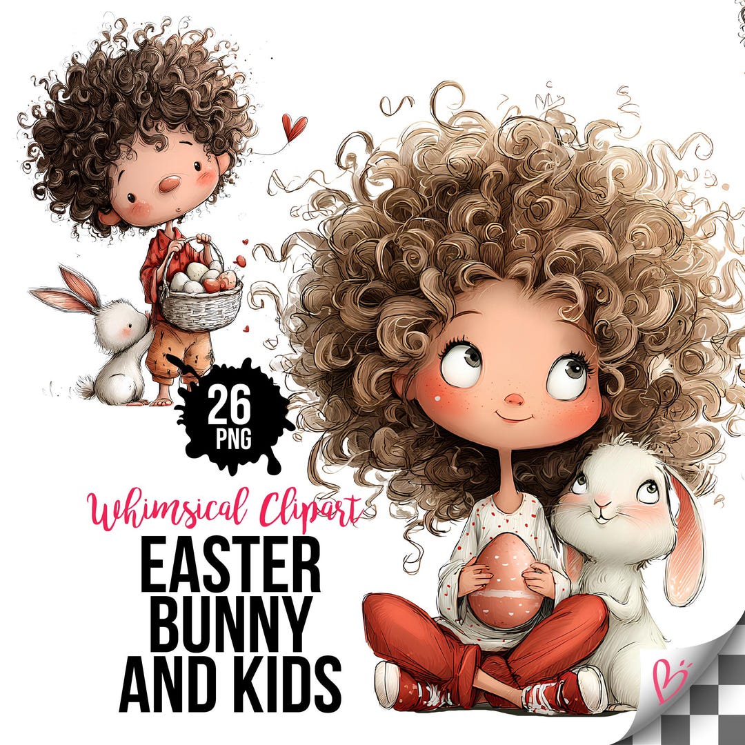 Easter Bunny and Kids Clipart Bundle, Whimsical Bunny PNG, Cute Kids ...