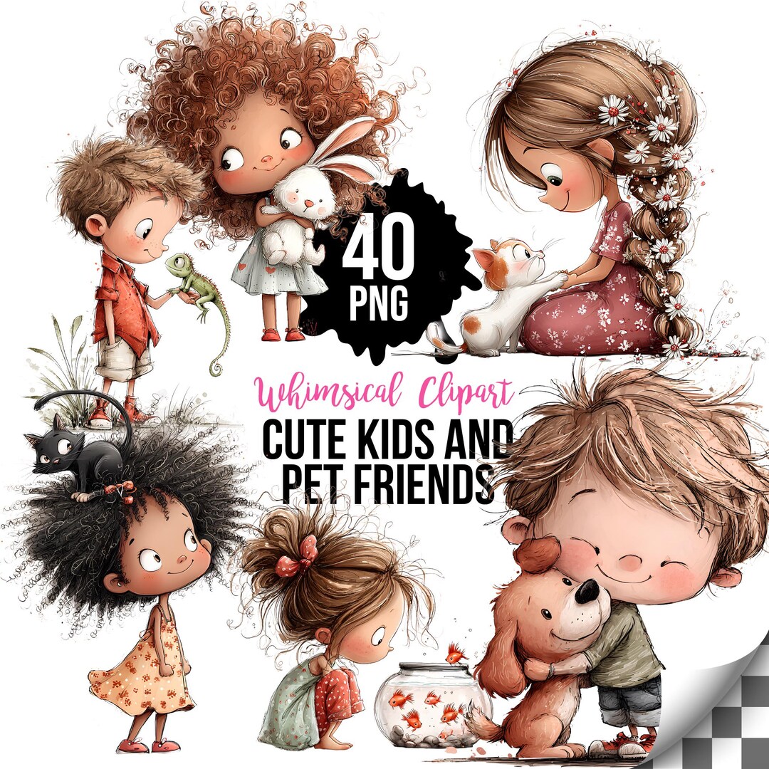 Kids & Pet Friends Whimsical Bundle – 40 PNG Clipart: Children With ...