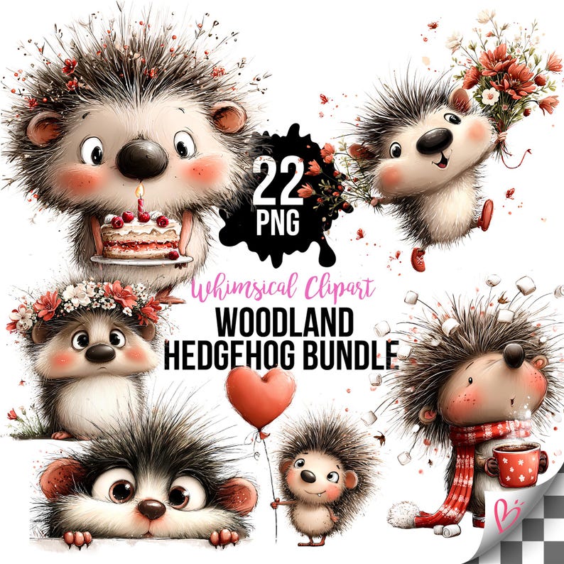 Woodland Hedgehog PNG Bundle, Cute Forest Hedgehog With Flowers Clipart ...