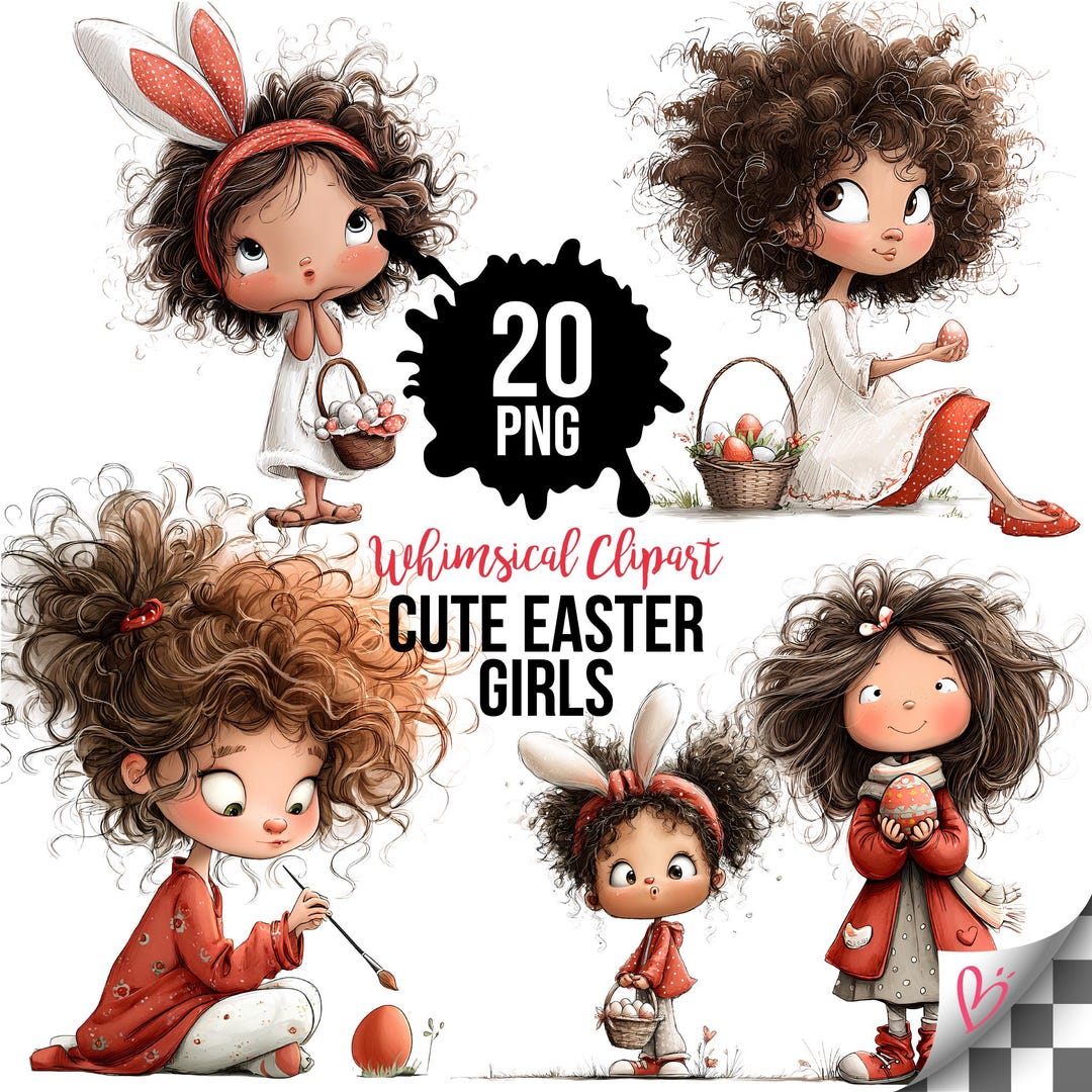 Cute Easter Girls Clipart PNG Bundle: Watercolor Kids Painting Eggs ...