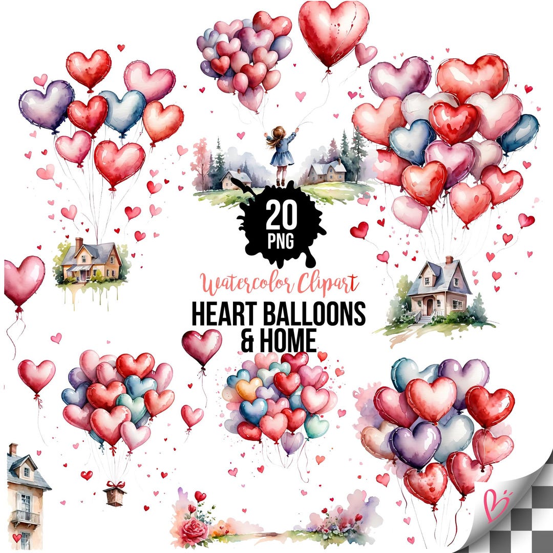 Heart Balloons Clipart, Valentine’s Day Watercolor Clipart, House With ...