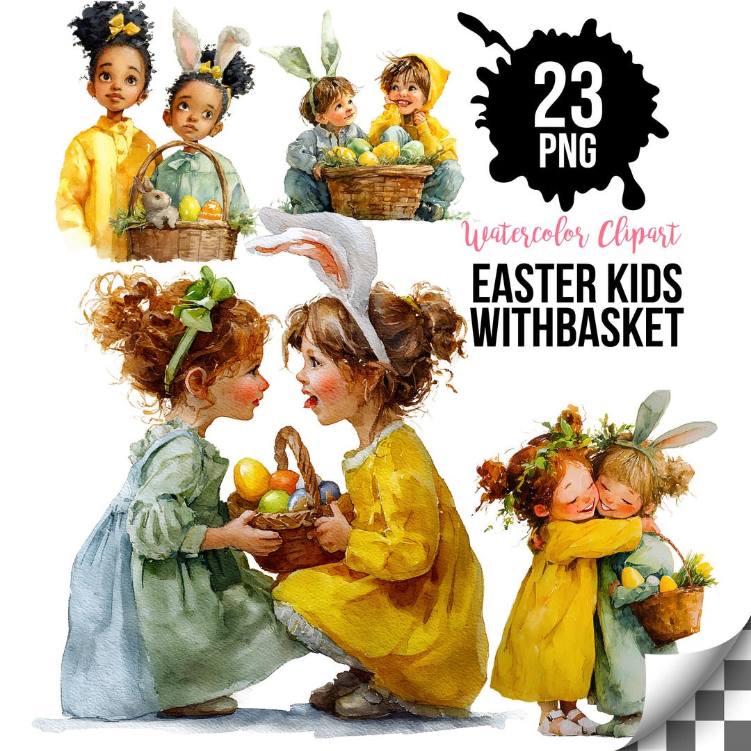 Easter Kids Clipart PNG Bundle, Kids With Baskets, Flowers & Bunny Ears ...