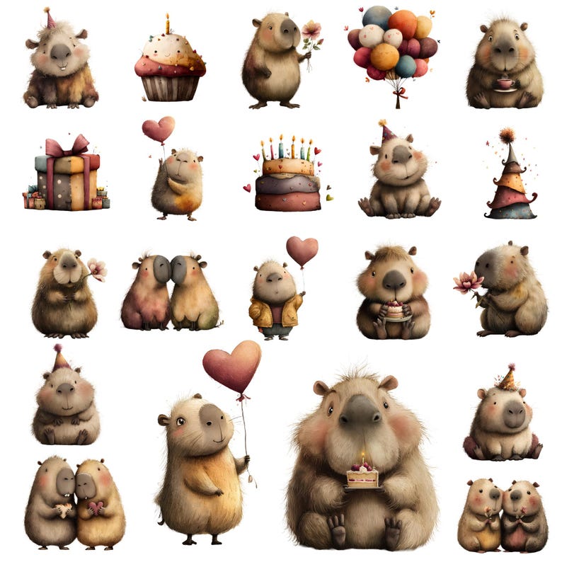 Capybara Birthday Clipart PNG Bundle: Cute Animals Party Watercolor ...