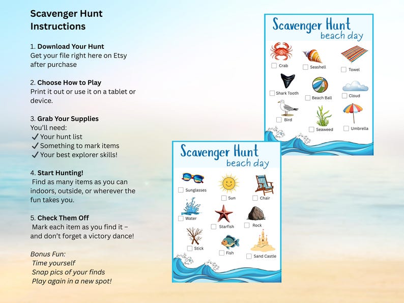 Beach Scavenger Hunt for Kids – Summer Outdoor Activity Printable – Fun ...