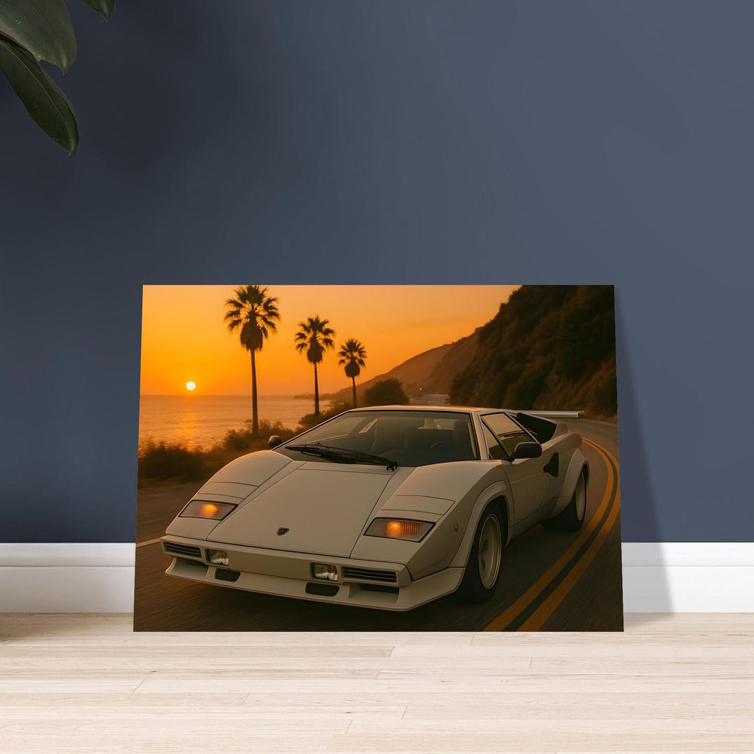 Sunset Drive – White Lamborghini Countach Poster | Retro Supercar Wall ...