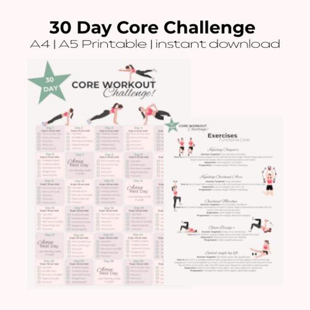 30 Day Core Challenge, Flexibility Program, Workout Printable Challenge ...
