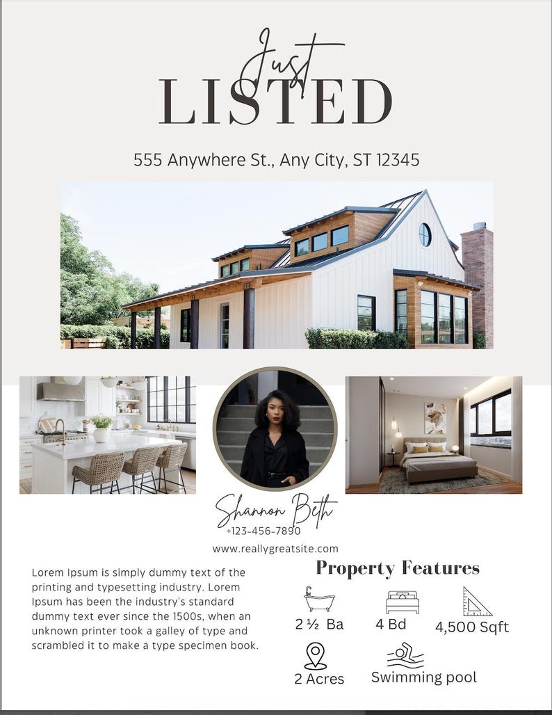 Just Listed Flyer, Estate Flyer, Real Estate Marketing, Canva Template ...