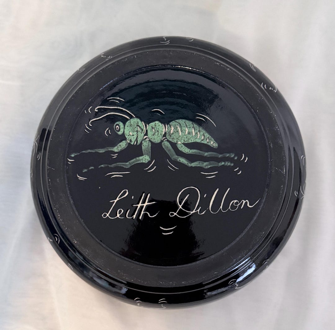Signed Studio Pottery Black Glaze Insect Folk Art Dish Signed by Artist ...