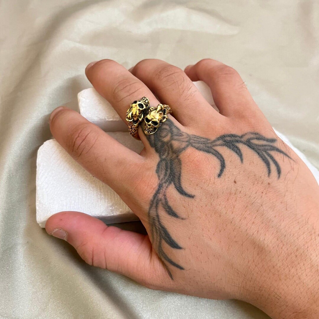 Double Skull Ring for Men | Gothic Brass Open Band Ring | Adjustable ...