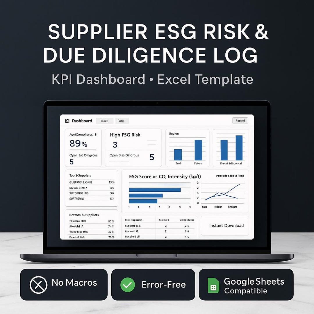 Supplier ESG Risk & Due Diligence Log + KPI Dashboard | Excel Template ...