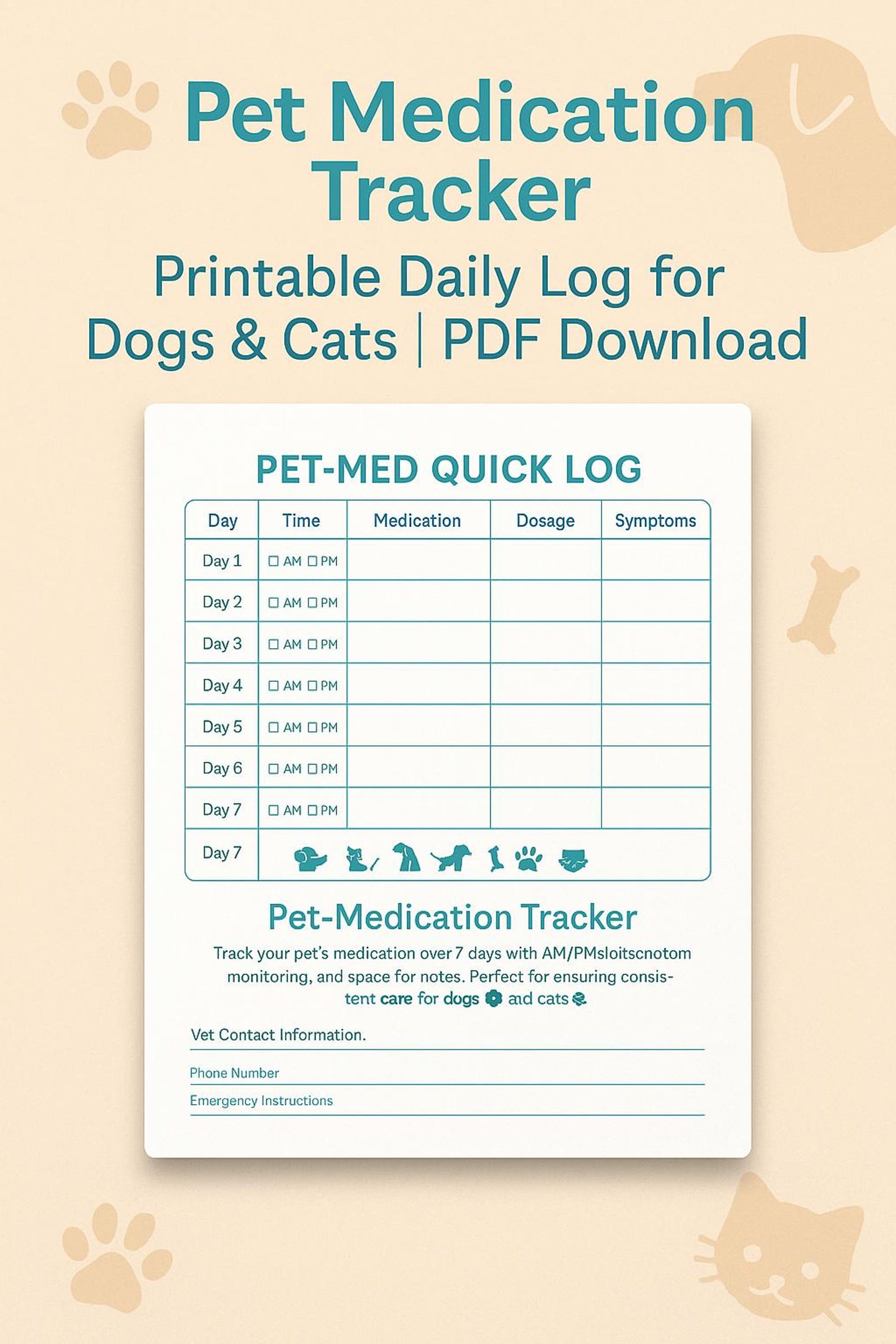 Pet Medication Tracker Printable | Dog & Cat Daily Am/pm Log | Vet ...