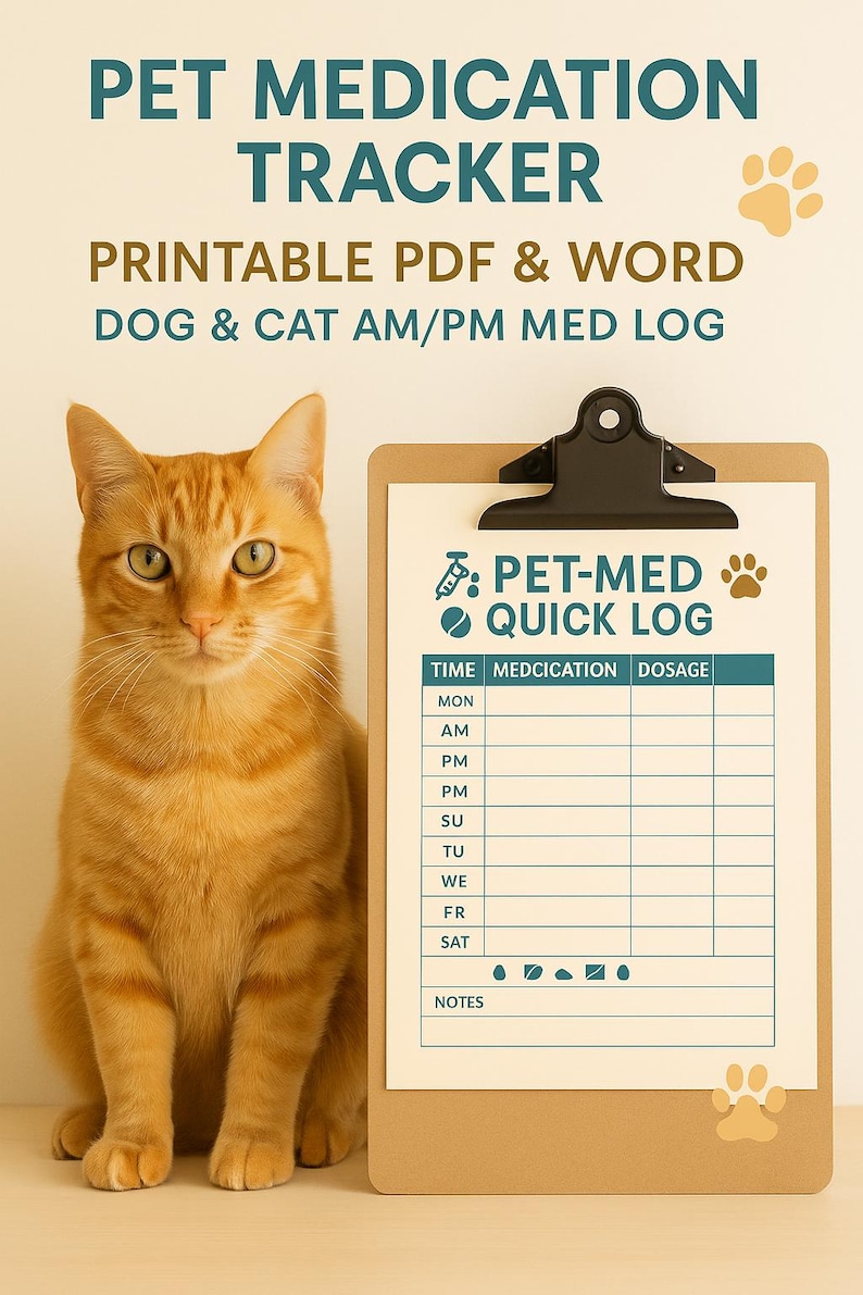 Pet Medication Tracker Printable PDF & Word | Dog and Cat AM/PM Med Log ...