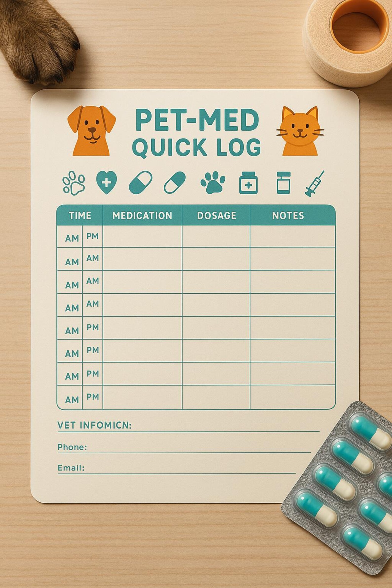 Pet Medication Tracker Printable | Dog & Cat Daily Am/pm Log | Vet ...
