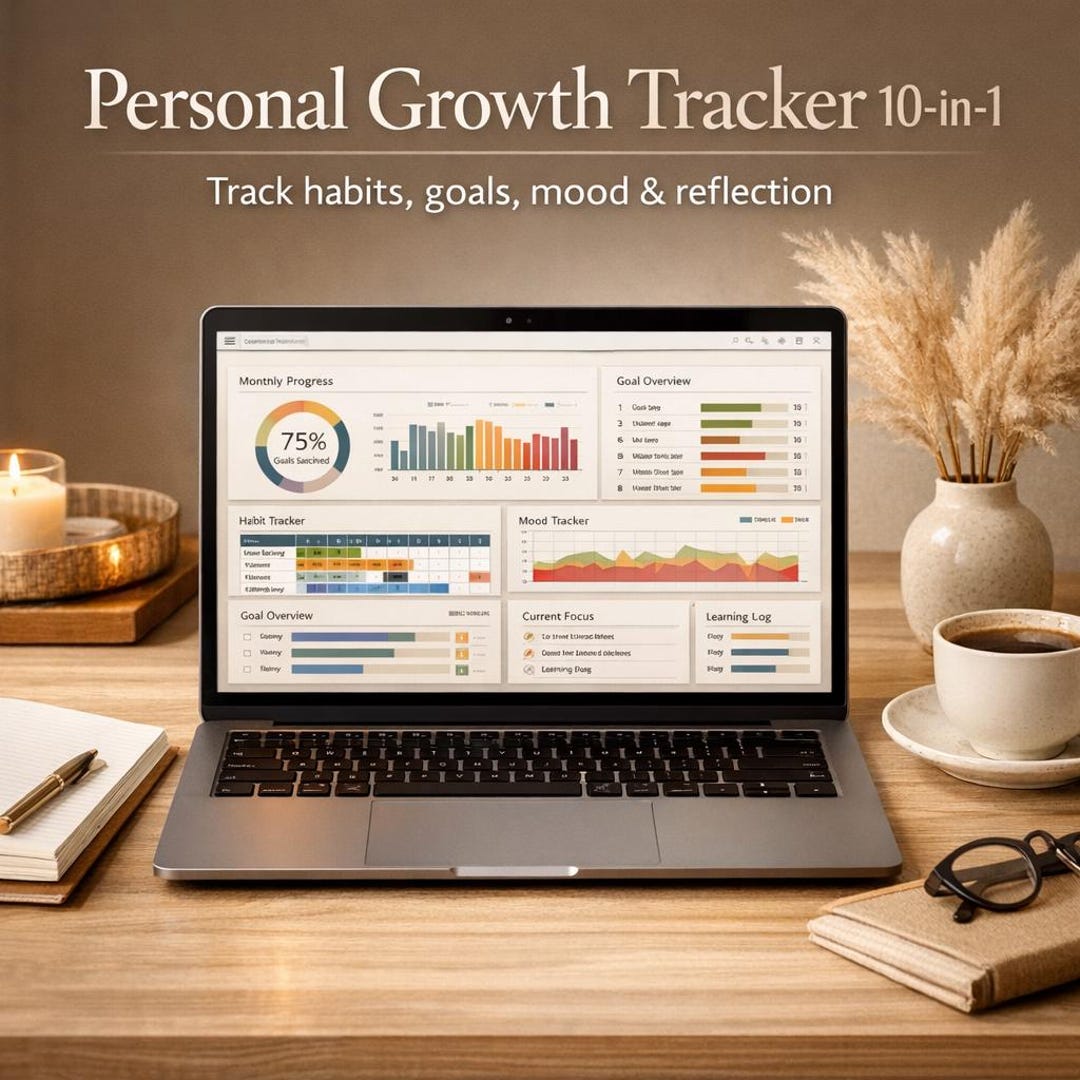 Personal Growth Tracker Excel | Habit Tracker, Goal Planner, Mood ...