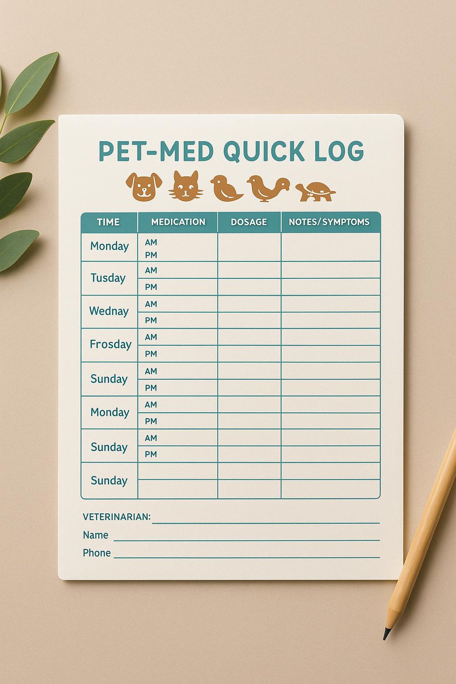 Pet Medication Tracker Printable | Dog & Cat Daily Am/pm Log | Vet ...