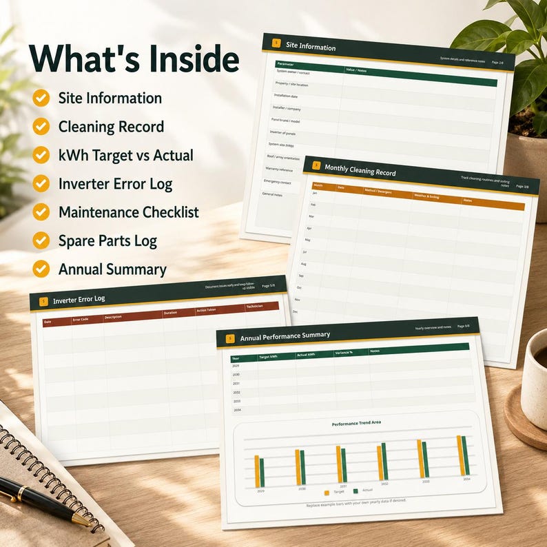 Solar Panel Maintenance Logbook PDF & PPTX | Cleaning Tracker, Kwh ...