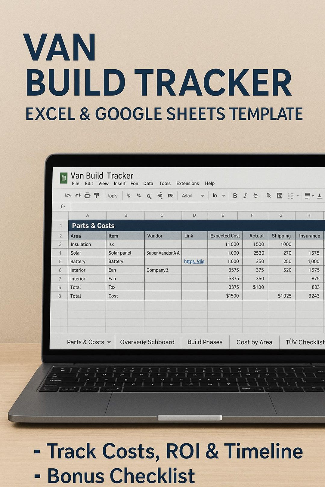 Van Conversion Tracker Template Excel & Google Sheets | Camper Build ...