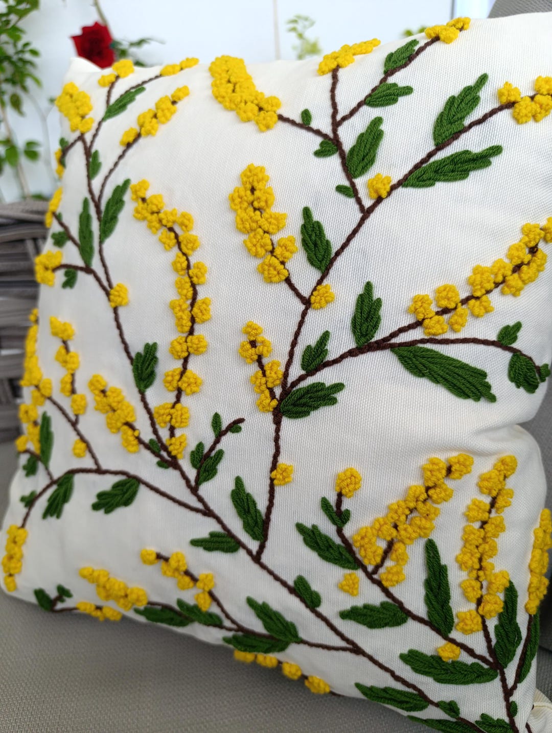 Hand Embroidered Mimosa Flower Pillow | 40x40 Cushion | Custom Design ...