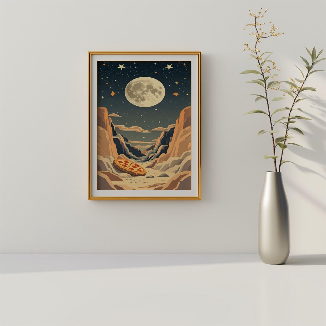 Boho Pizza Poster Moon Landscape – Boho Wall Art Surreal Illustration ...