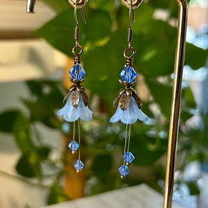 Cerulean Blue Frosted Glass Lucite Bell Flower Bronze Earrings. Gift ...