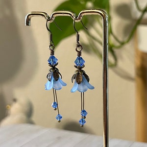 Cerulean Blue Frosted Glass Lucite Bell Flower Bronze Earrings. Gift ...